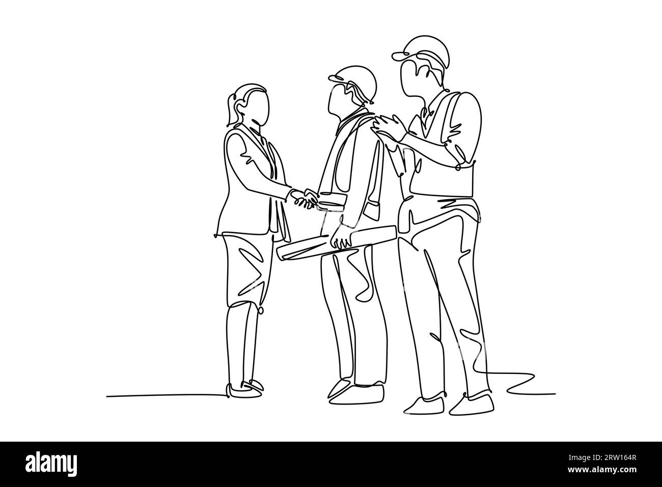 Continuous one line drawing young business woman and architect builder ...