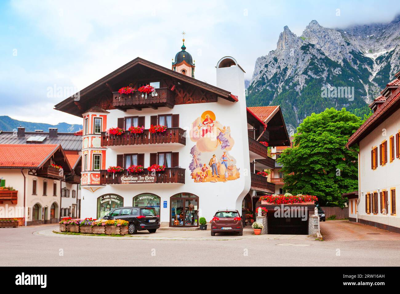 Mittenwald, Germany - July 01, 2021: Beauty local houses decorated with ...