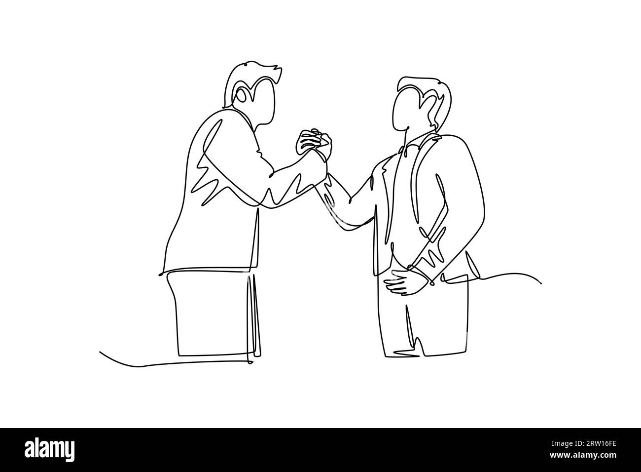 Single continuous line drawing young business man handshake his partner ...