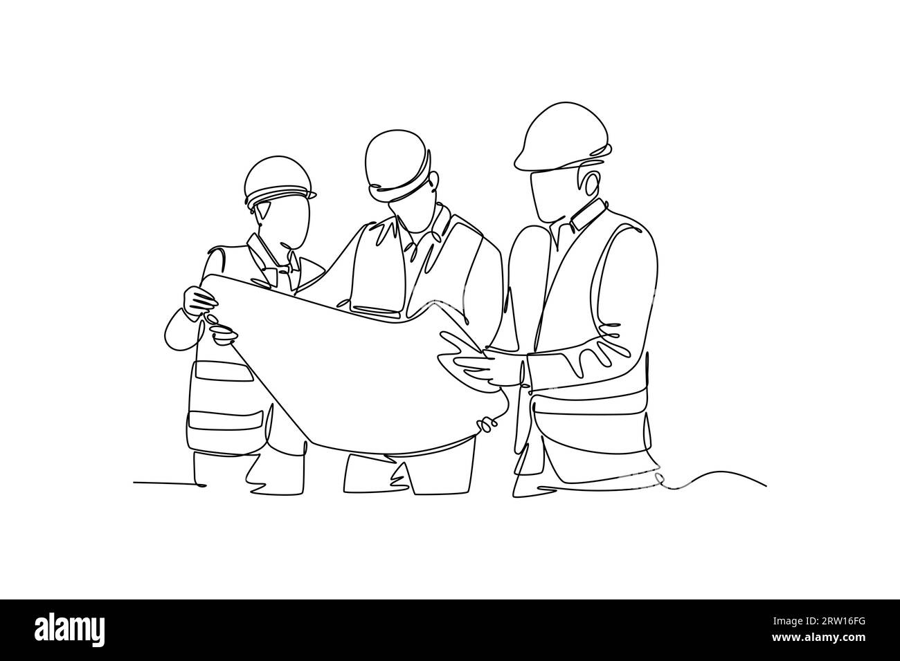 Single continuous line drawing of builder and architect wearing ...