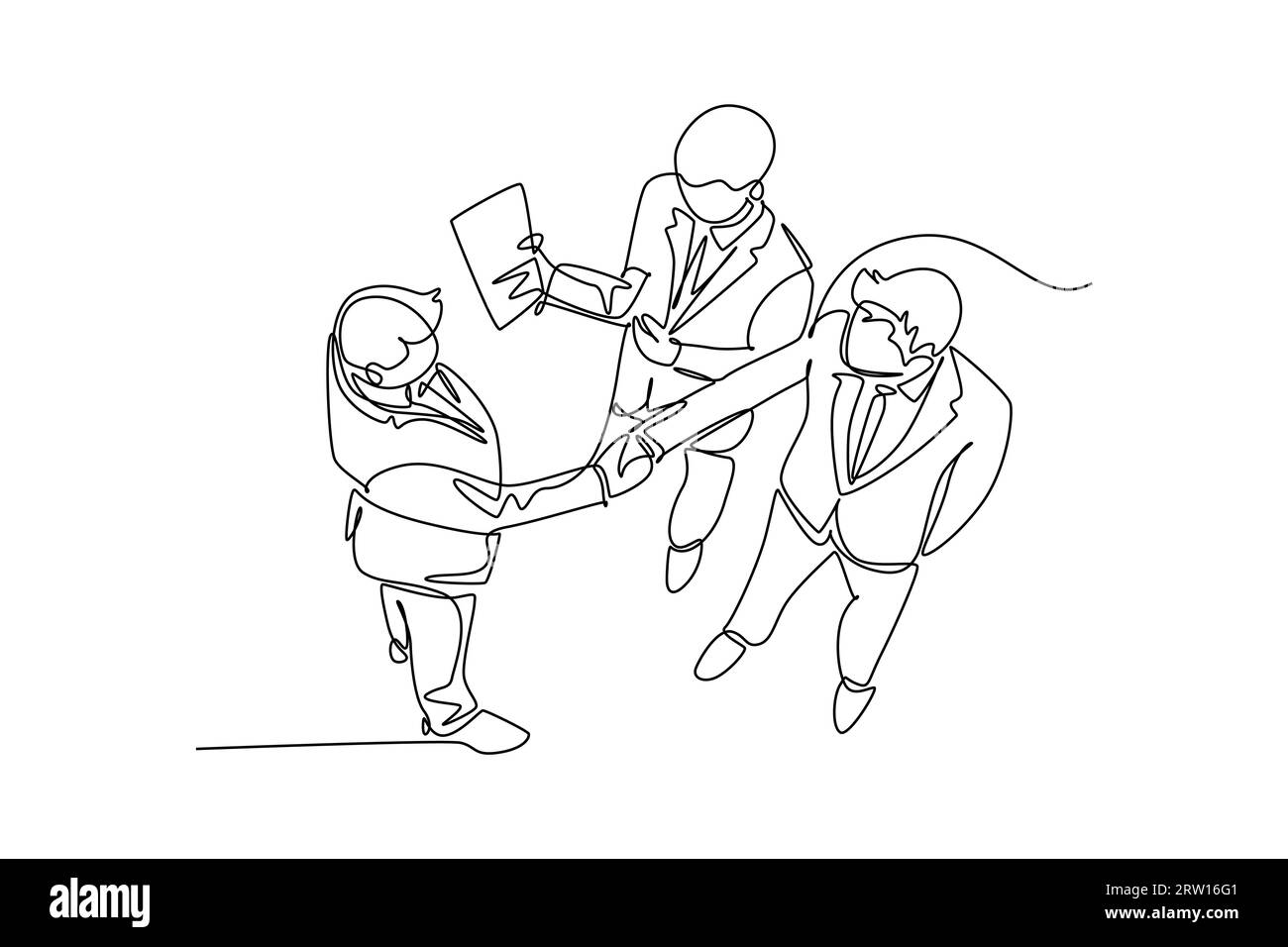 Single continuous line drawing business man handshake his colleague or partner to deal a project ...