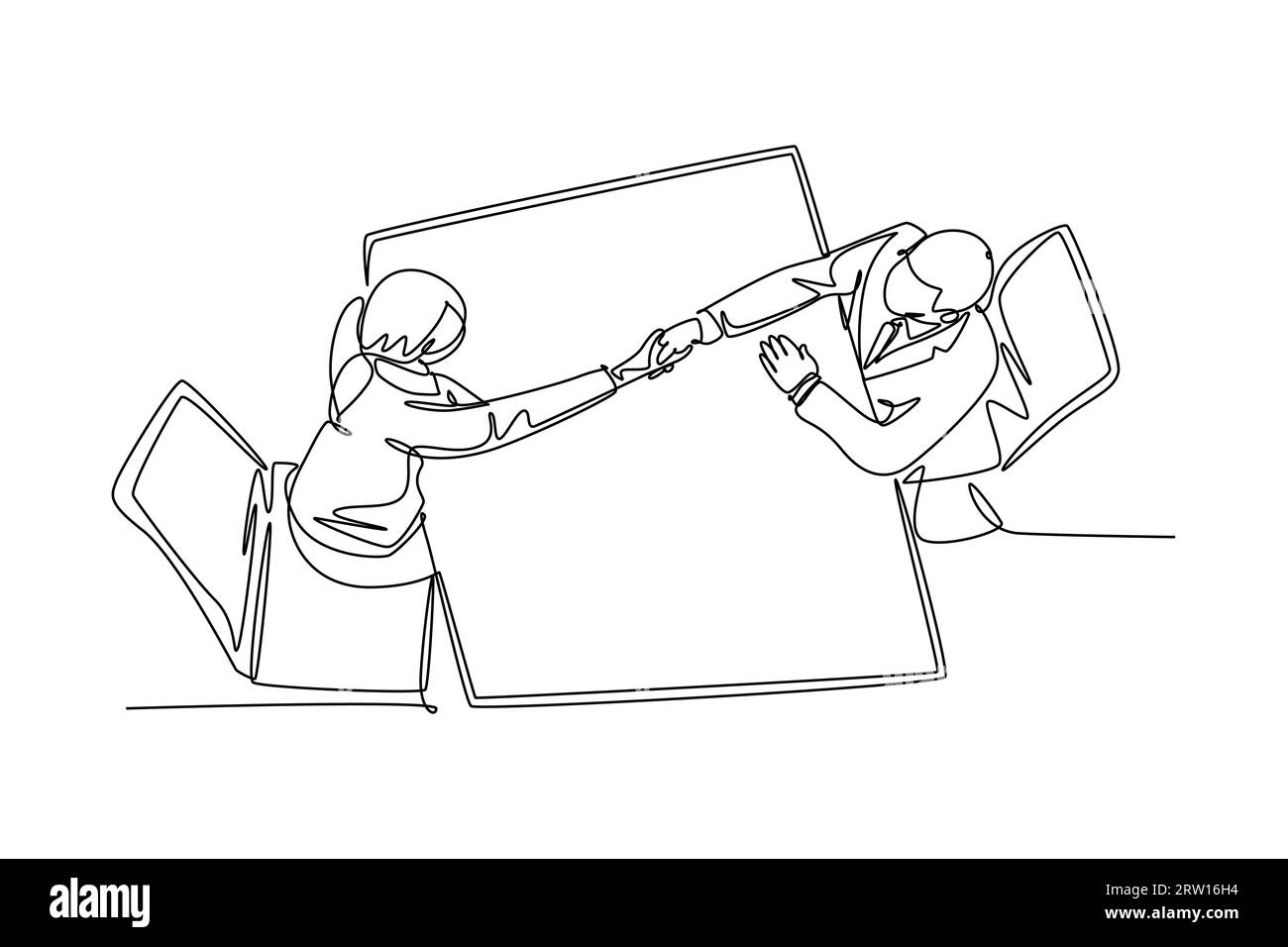 Single continuous line drawing young manager handshake his female ...