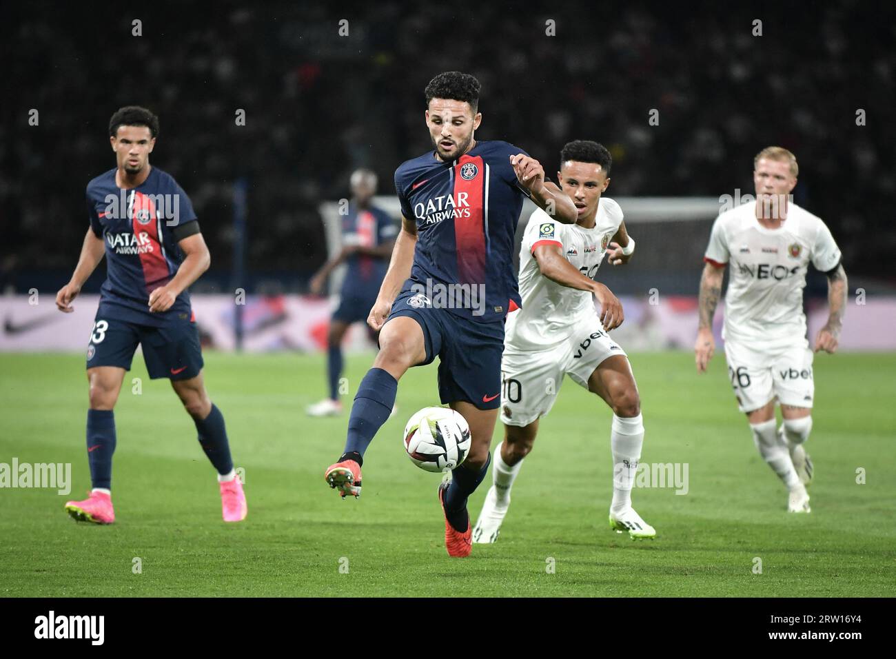 Paris, France. 15th Sep, 2023. fights for the ball during the French L1 ...