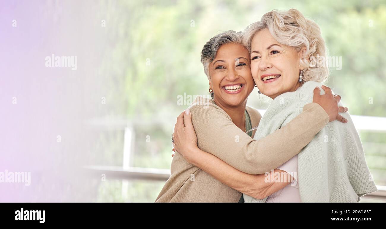 Smile, hug and old woman friends on space together for a visit during ...