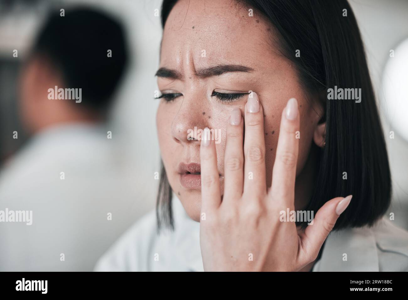 Confused, scientist and stress on face of woman in laboratory with ...