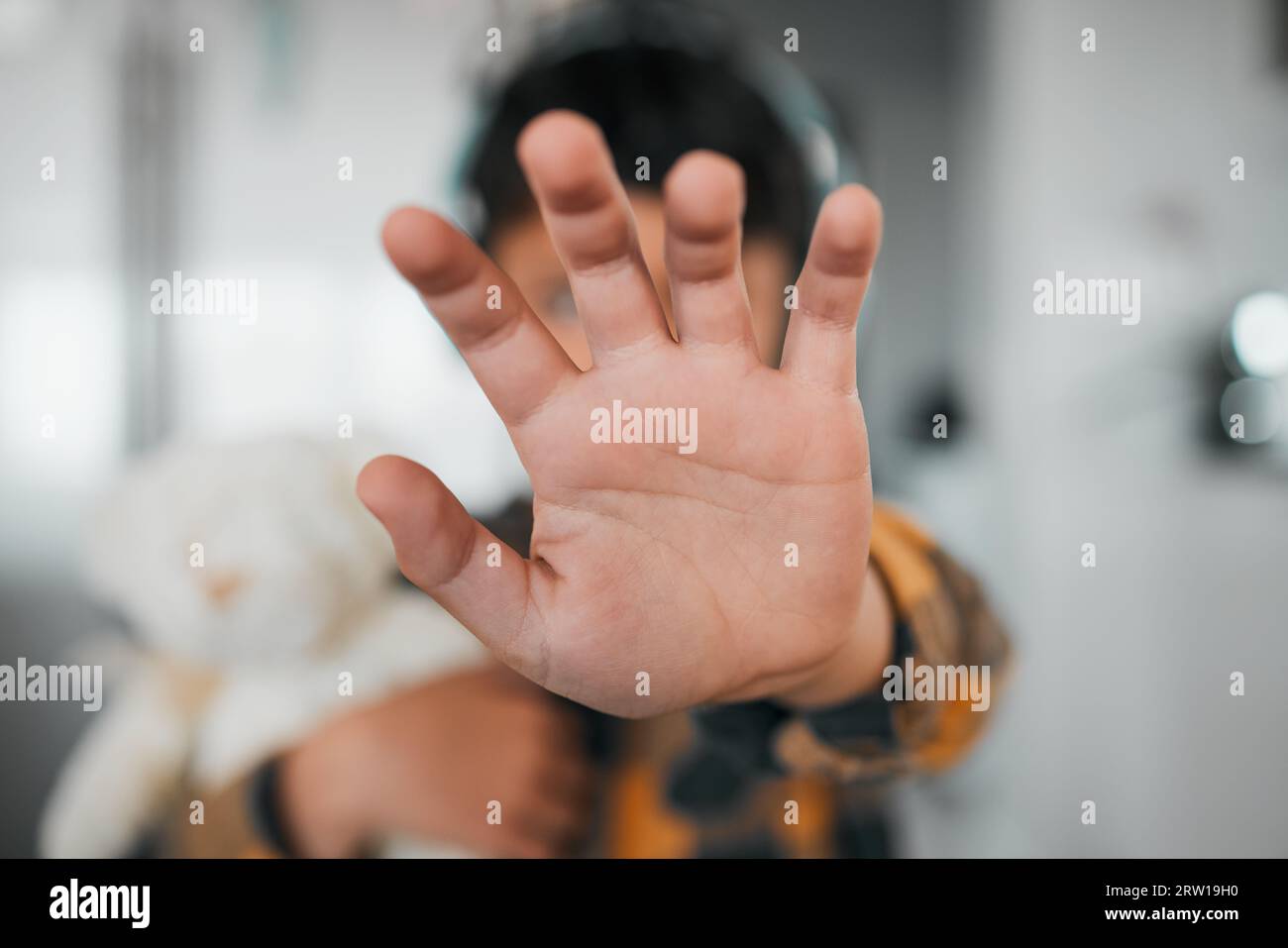 Child, stop and hand closeup for protest, rejection and sign for ...