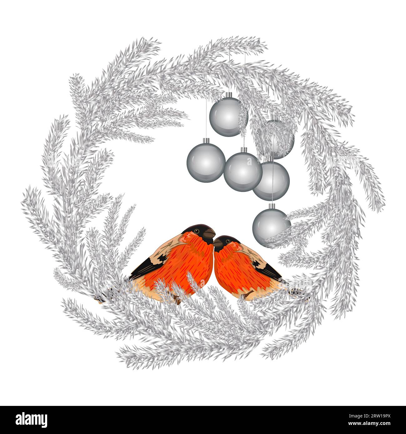Christmas wreath with red birds and balls on white background. Silver ...