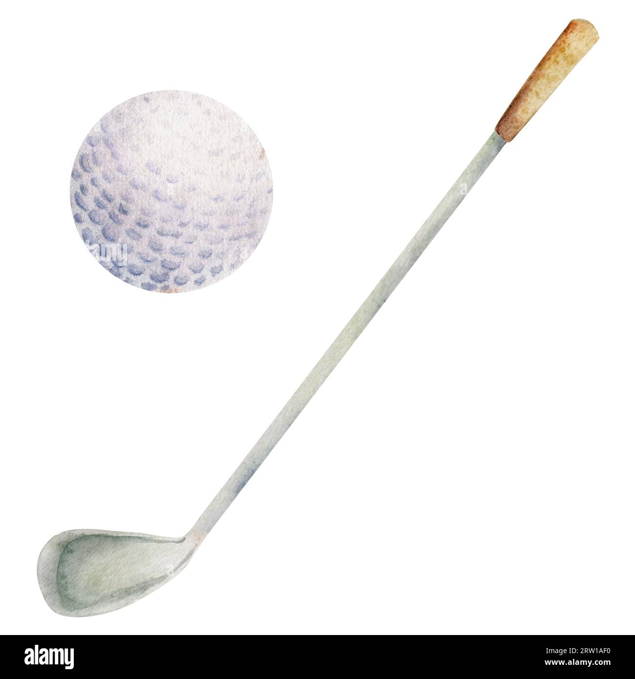 Hand drawn watercolor sports gear equipment, latex golf ball and club ...