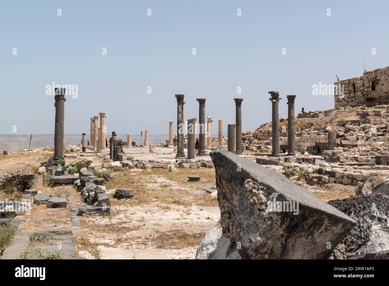 View of the columns of the octogonal church and church terrace in the ...