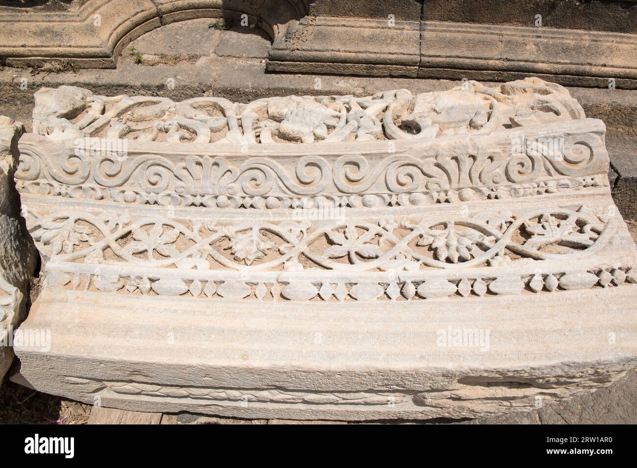 Some of the stone glyphs of the nymphaeum in the ancient city of Gadara ...