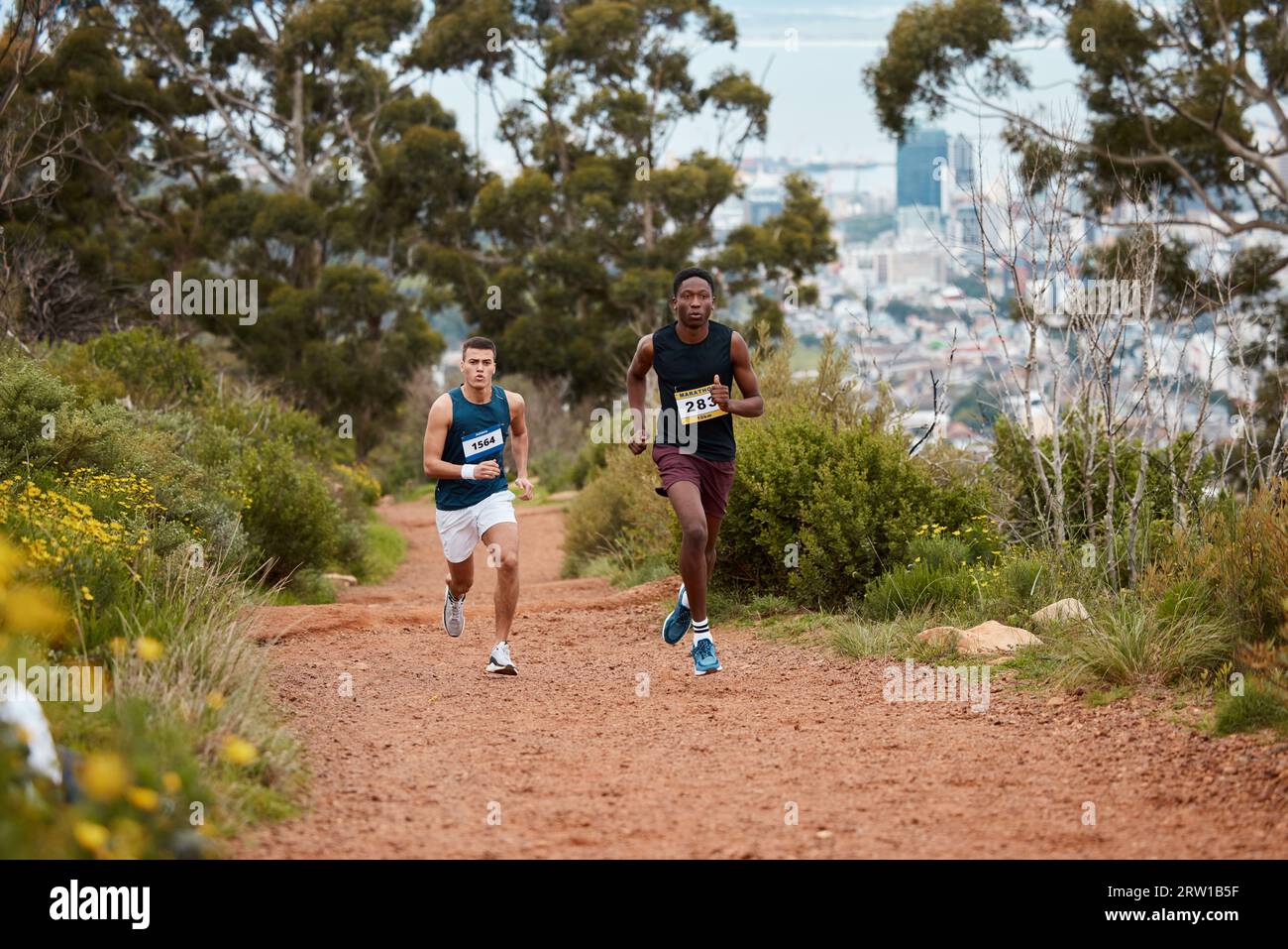 Race, marathon and people running in nature for fitness competition or ...