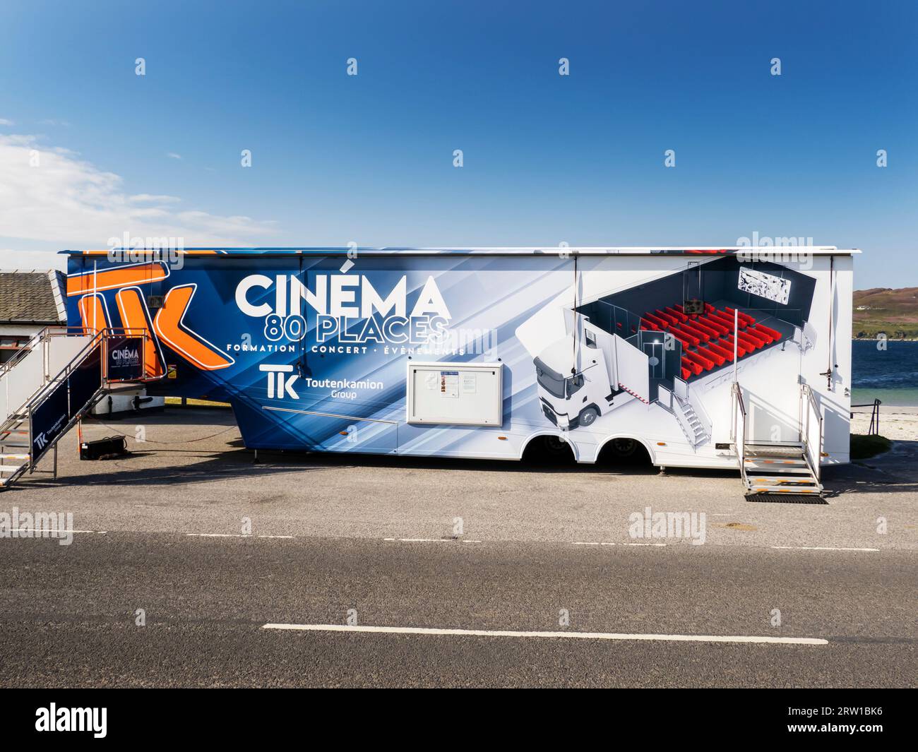 A mobile cinema at Port Ellen on Islay, Inner Hebrides, Scotland, UK ...