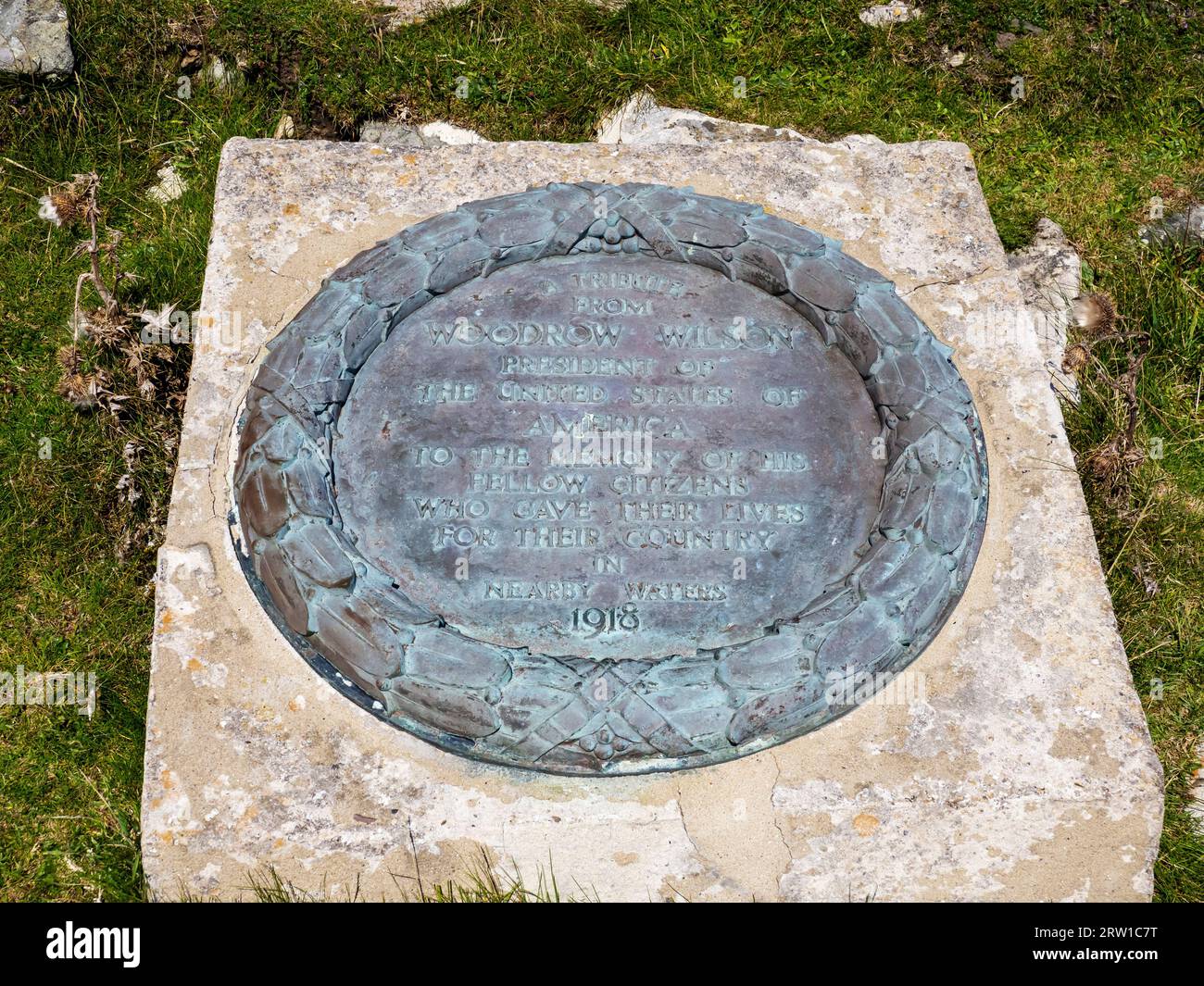 A plaque at the American Monument on the Mull of Oa on the Oa near Port ...