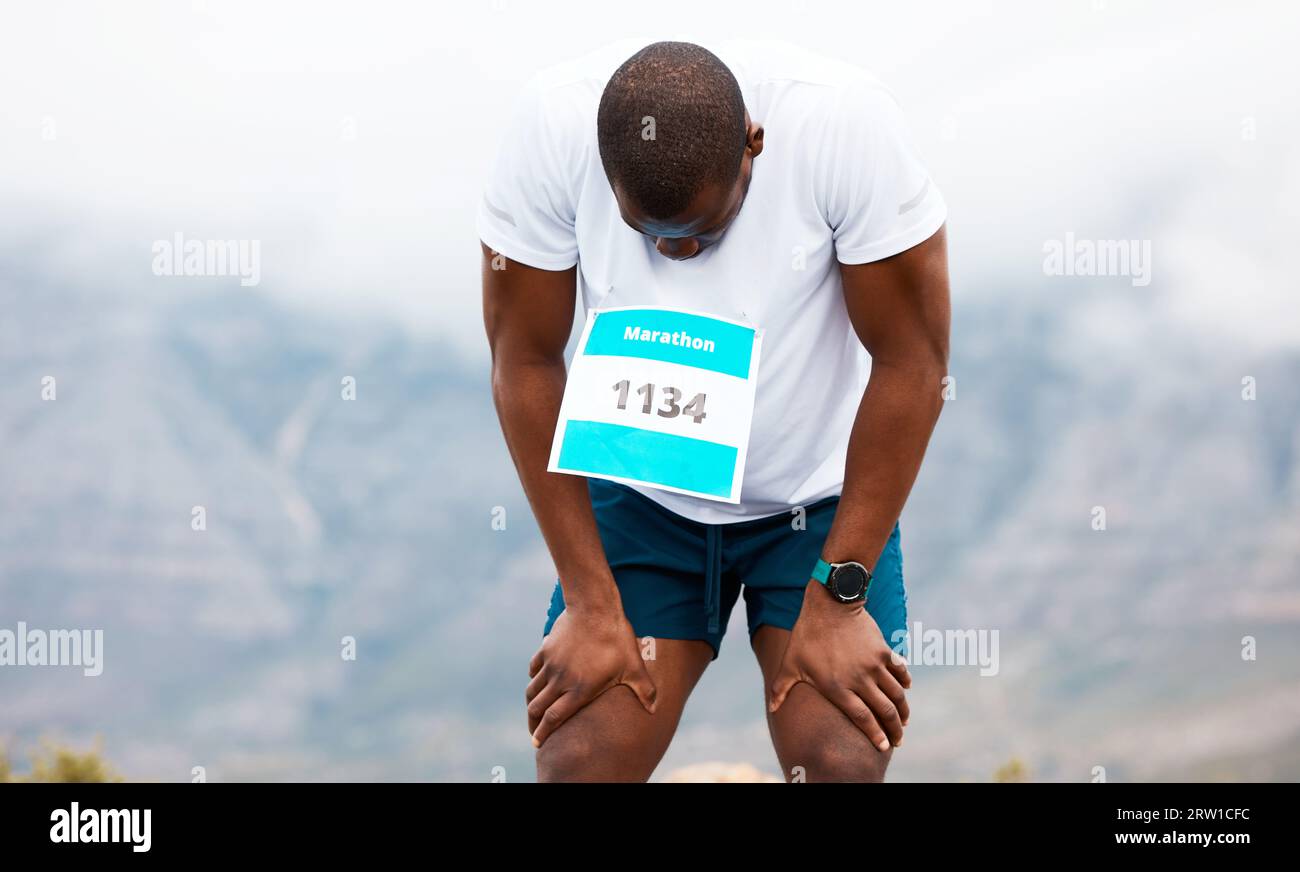 Marathon, break or tired runner on road for exercise, fitness training ...