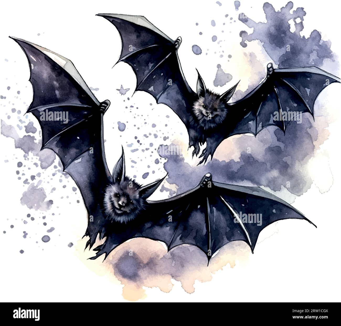 Black halloween bats watercolor on white background Stock Vector Image ...