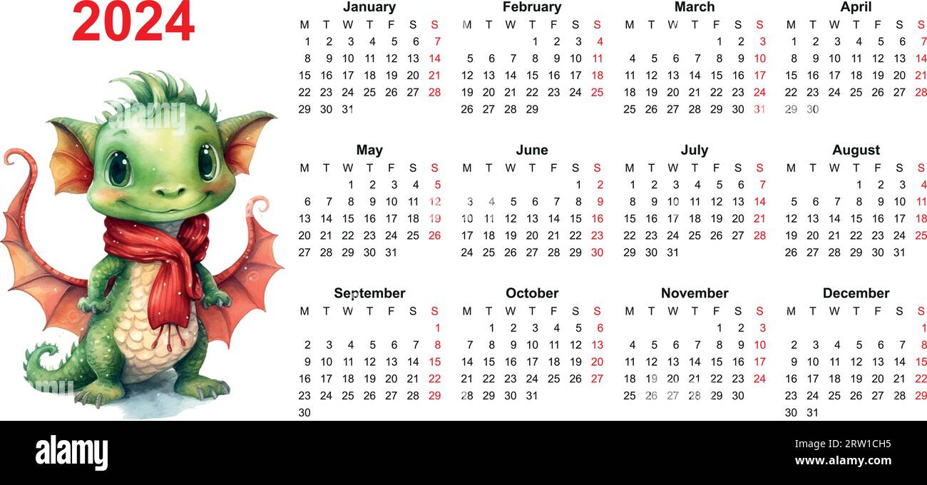 Calendar 2024 dragon watercolor chinese template Stock Vector Image ...