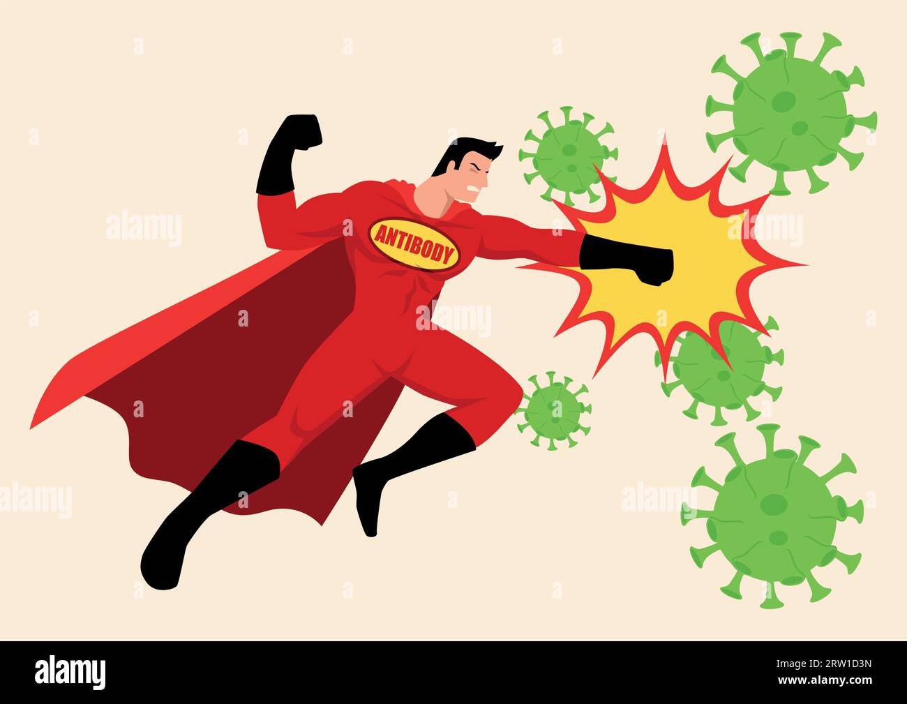 Simple flat vector illustration of a superhero fighting viruses ...