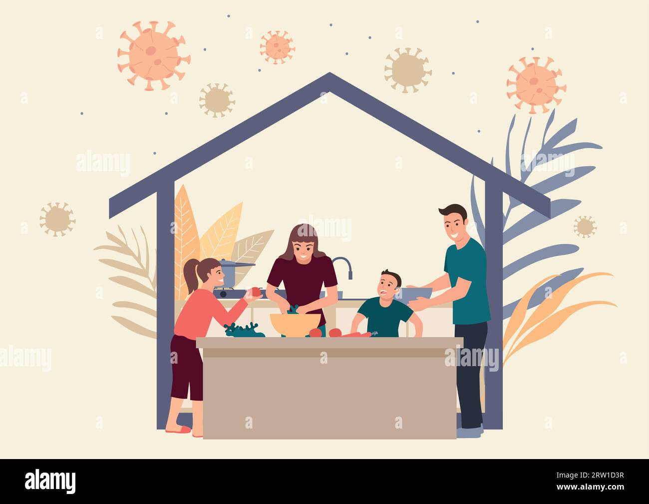 Simple flat vector illustration of family stay at home doing daily ...