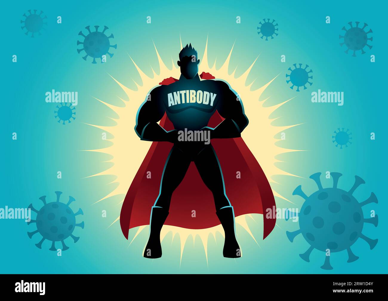 Vector cartoon illustration of a superhero as antibody against viruses ...
