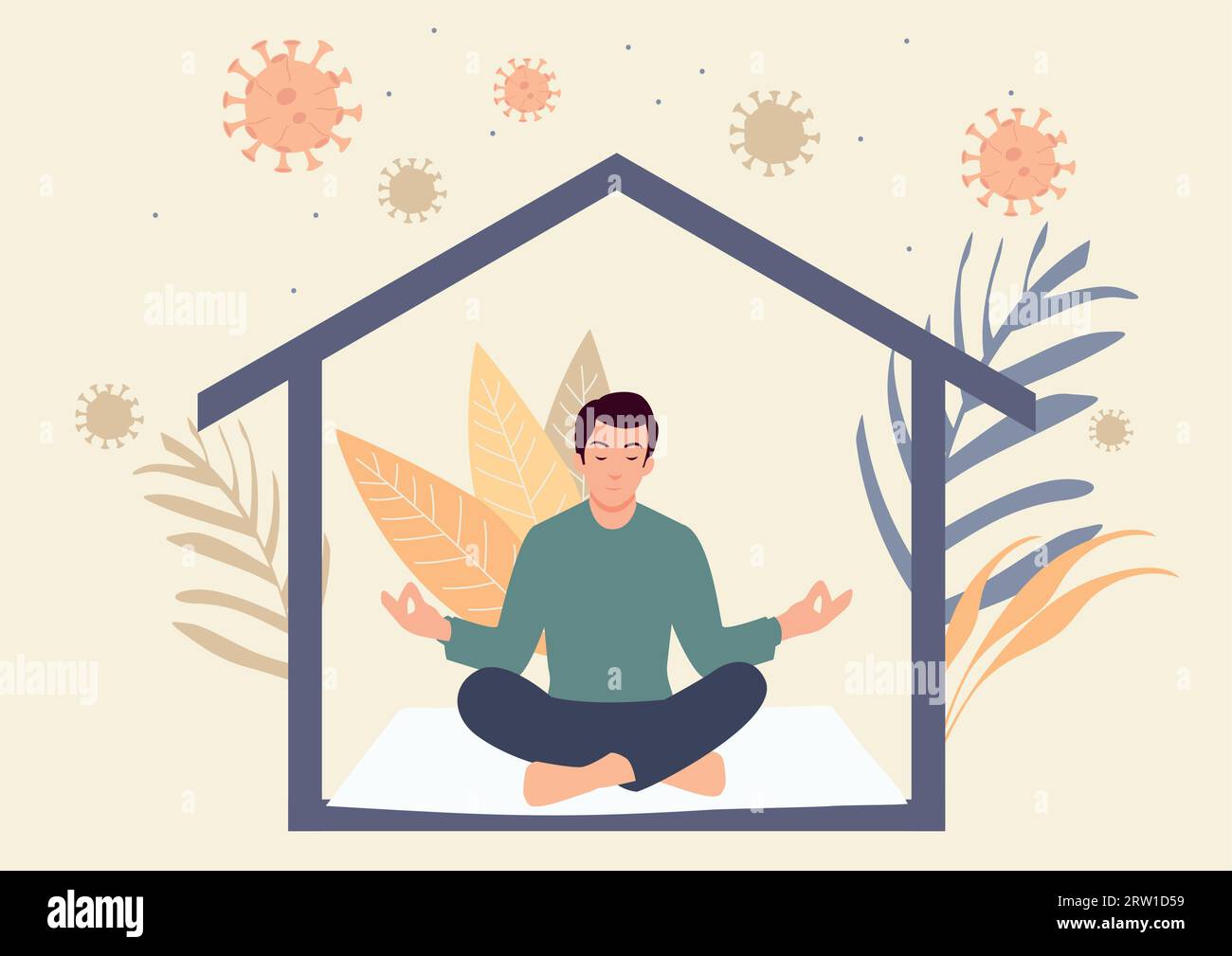 Simple flat vector illustration of stay at home concept. Man meditating ...