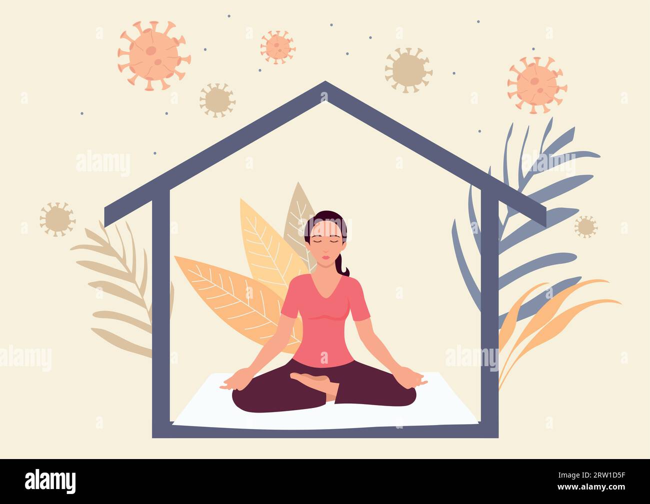 Simple flat vector illustration of stay at home concept. Woman ...