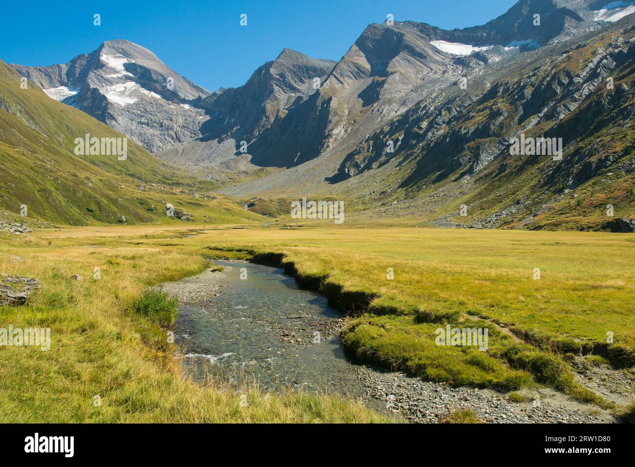 Panoramic view of wild alps in Valle Aurina during summer season, Alto ...