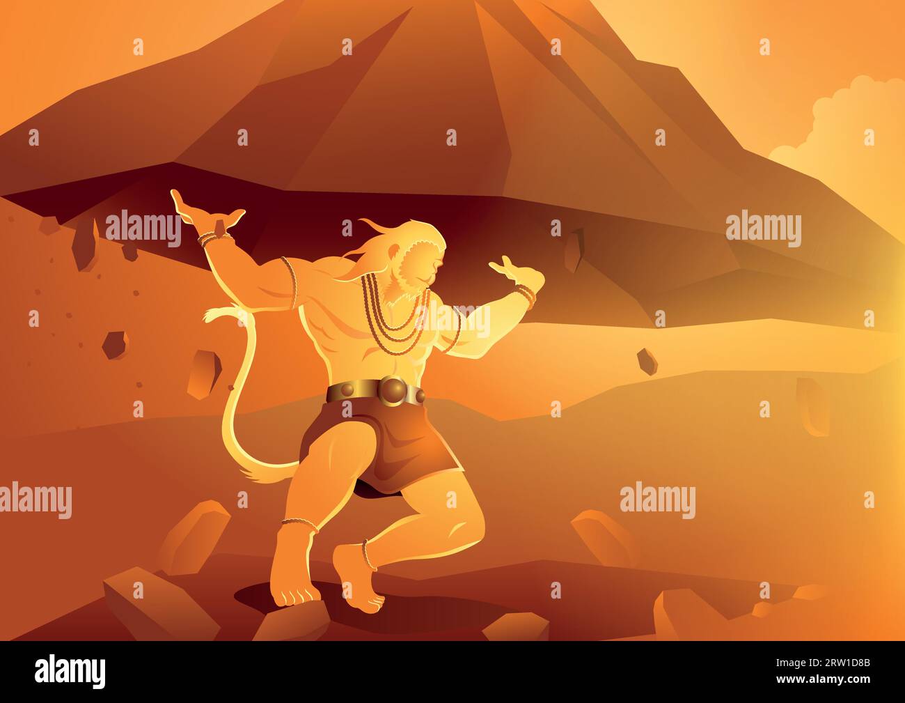 Vector illustration of Hanuman lifting up Dronagiri mountain, Indian God of Hindu Stock Vector ...