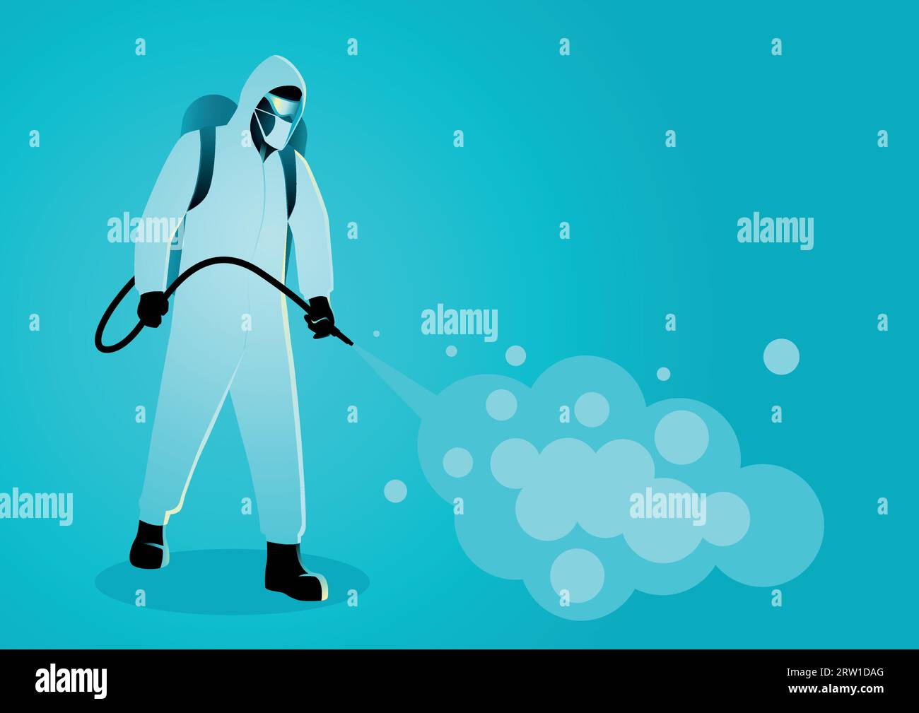 Vector illustration of a man in protective suit spraying disinfectant ...