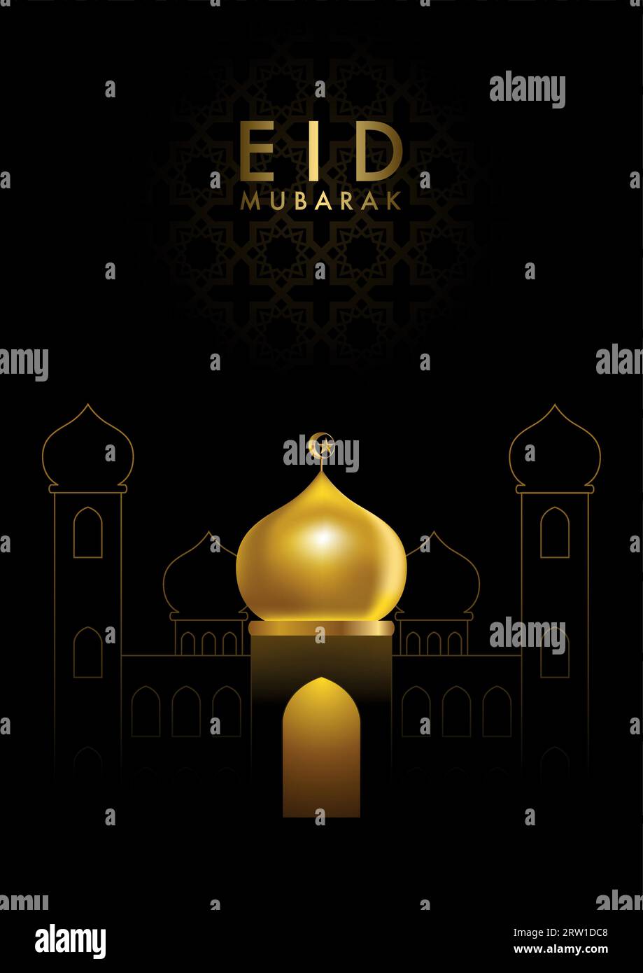 Vector illustration of Eid Mubarak greeting with golden dome mosque ...