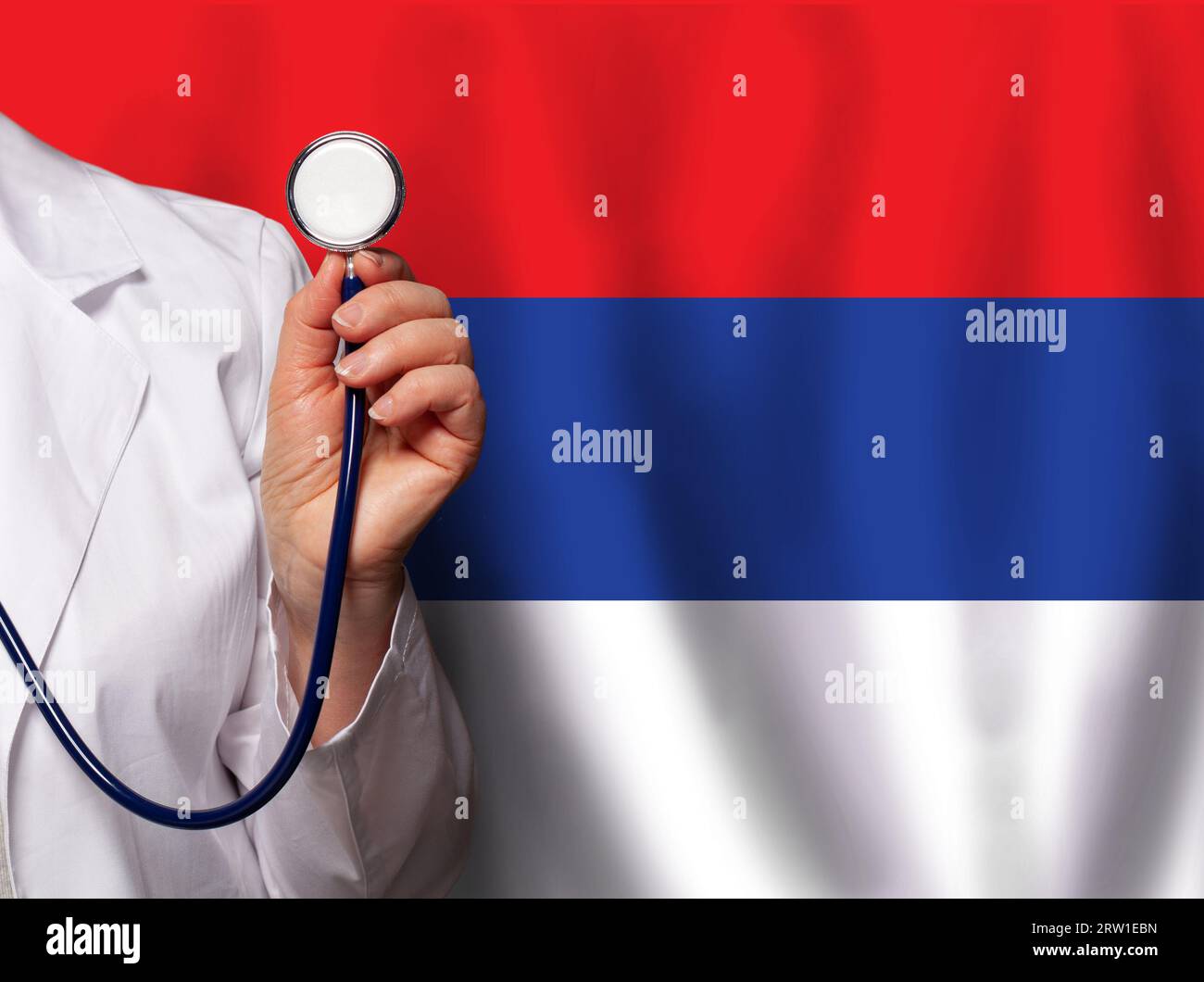 Serbian doctor's hand with stethoscope on the background of flag of ...