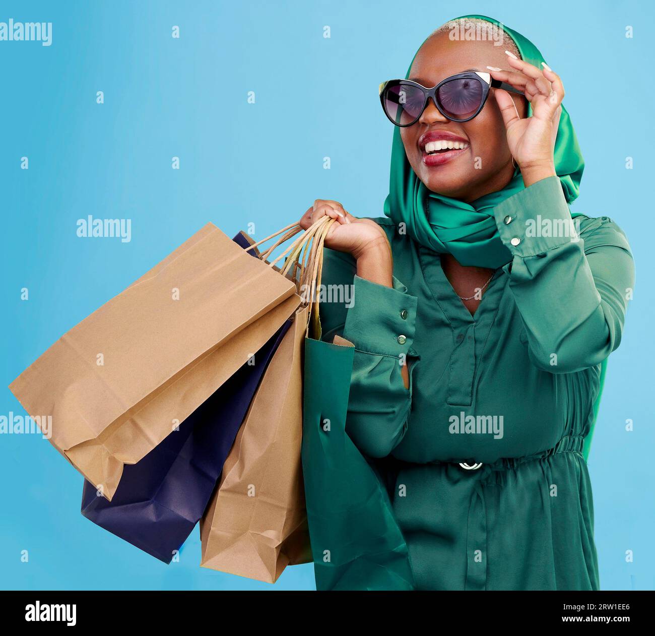 Shopping, sunglasses and black woman with bags, retail and luxury items ...