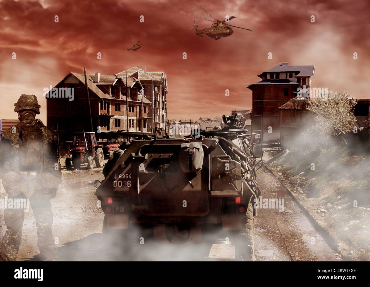 War, soldier and military transport, army in a post apocalyptic ...