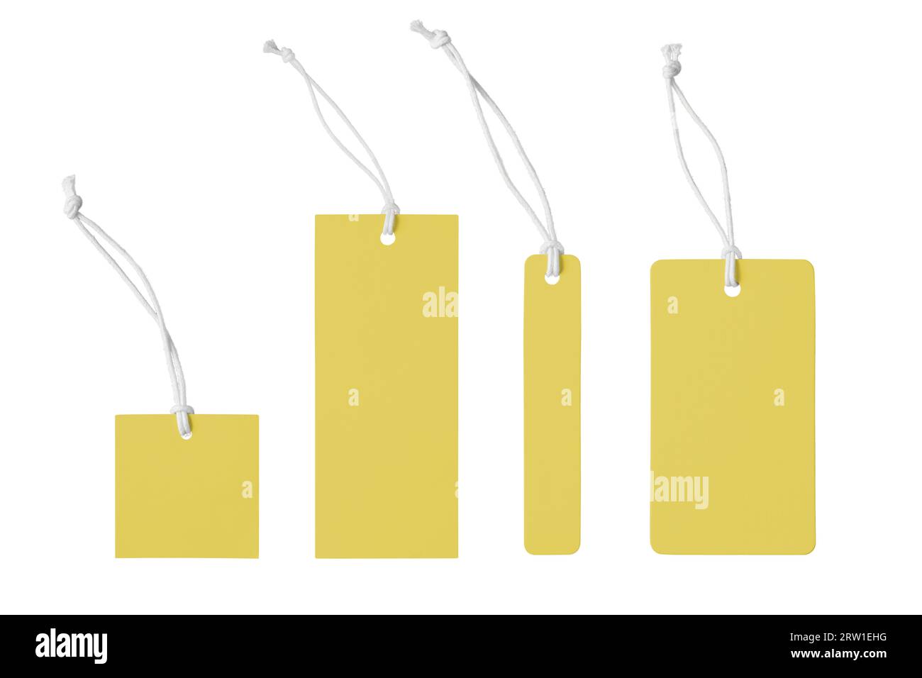 Various shape of blank yellow paper label or cloth tag set isolated on ...