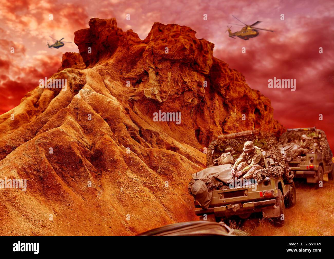 War, desert and army, apocalypse and military transport with helicopter ...