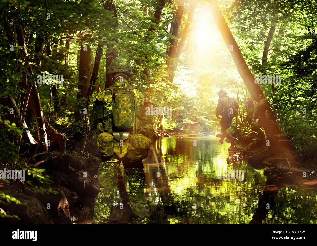 Army, military camouflage and person in forest at war with soldiers and ...