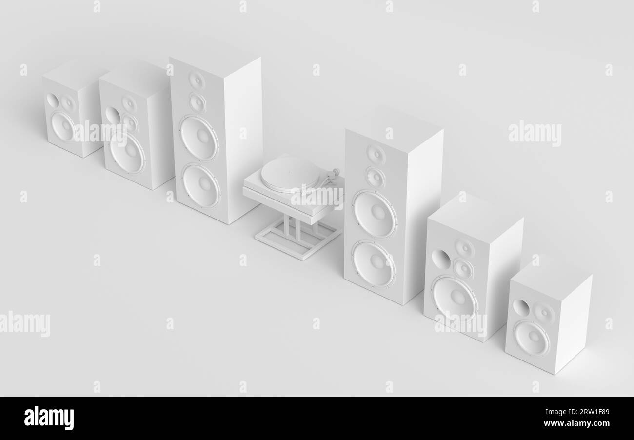 Set of Hi-fi speakers and DJ turntable for sound recording studio on ...