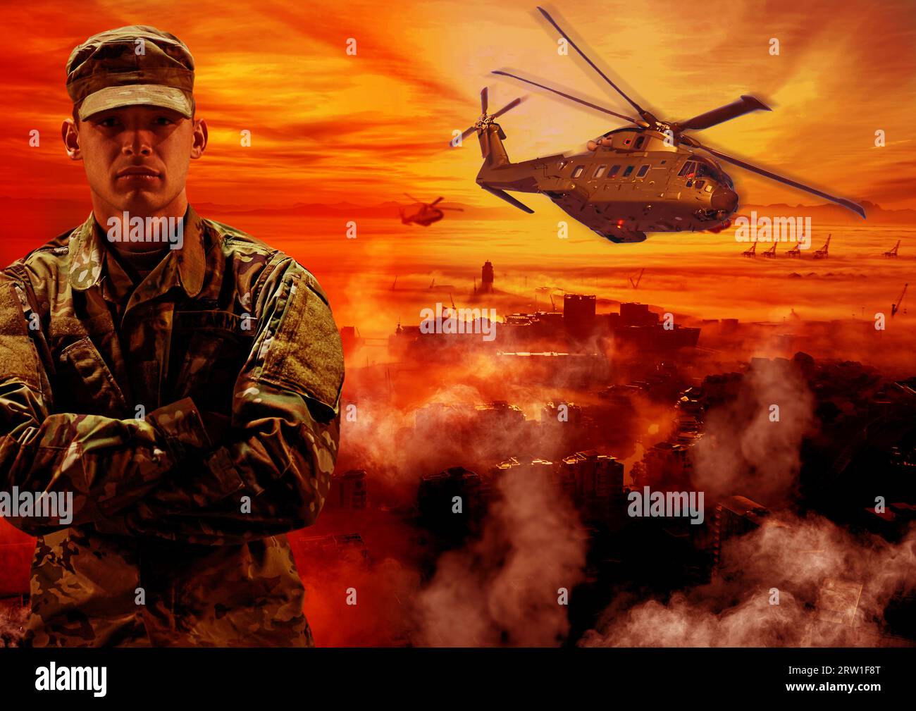 War, man and soldier, helicopter and fire with military transport, army ...