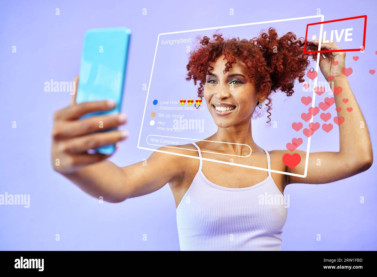 Woman, vlog and live streaming in studio with screen overlay ...