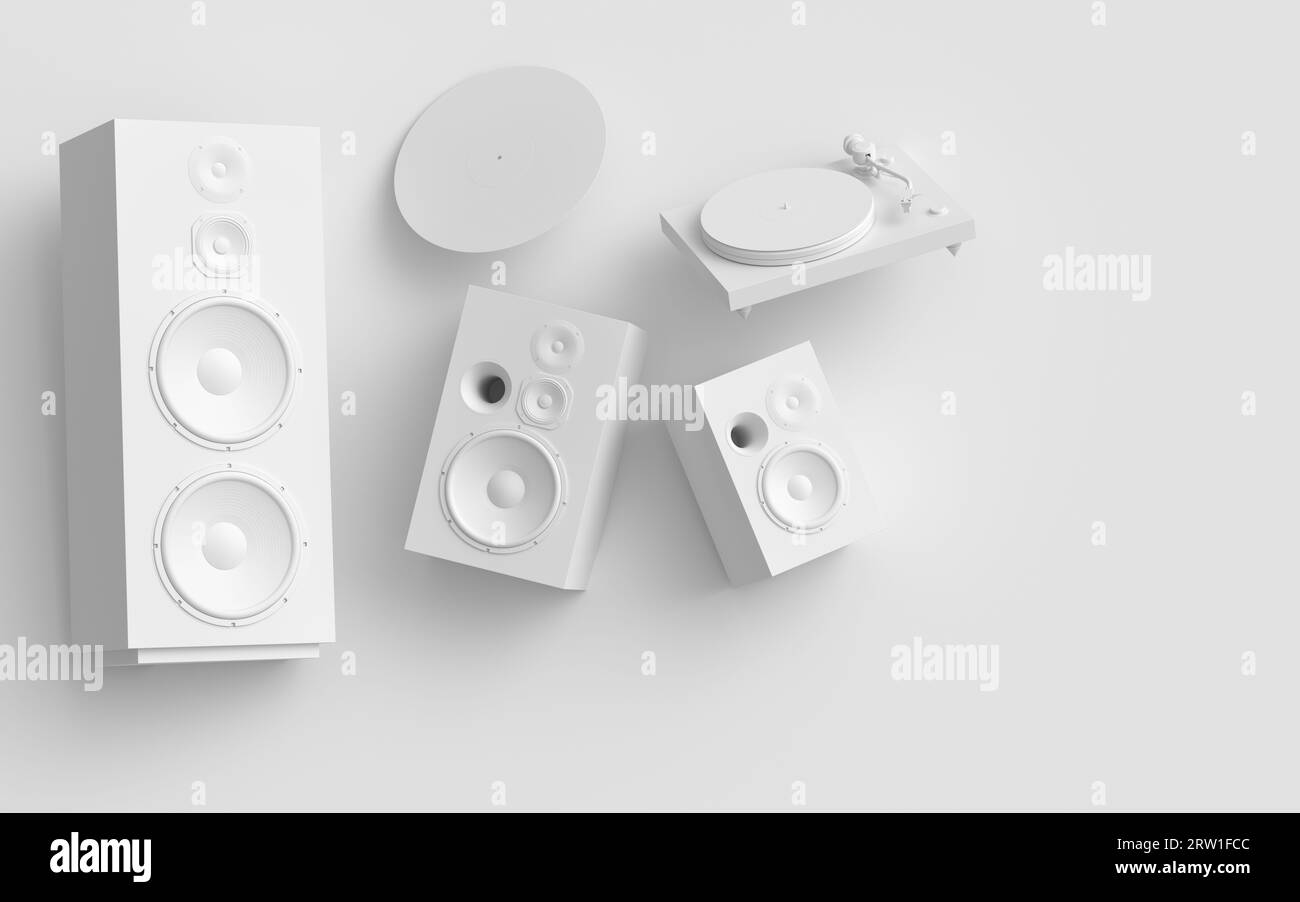 Set of Hi-fi speakers and DJ turntable for sound recording studio on ...