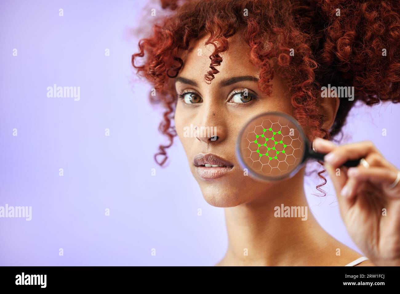 Skin science, portrait and face of woman with magnifying glass for ...