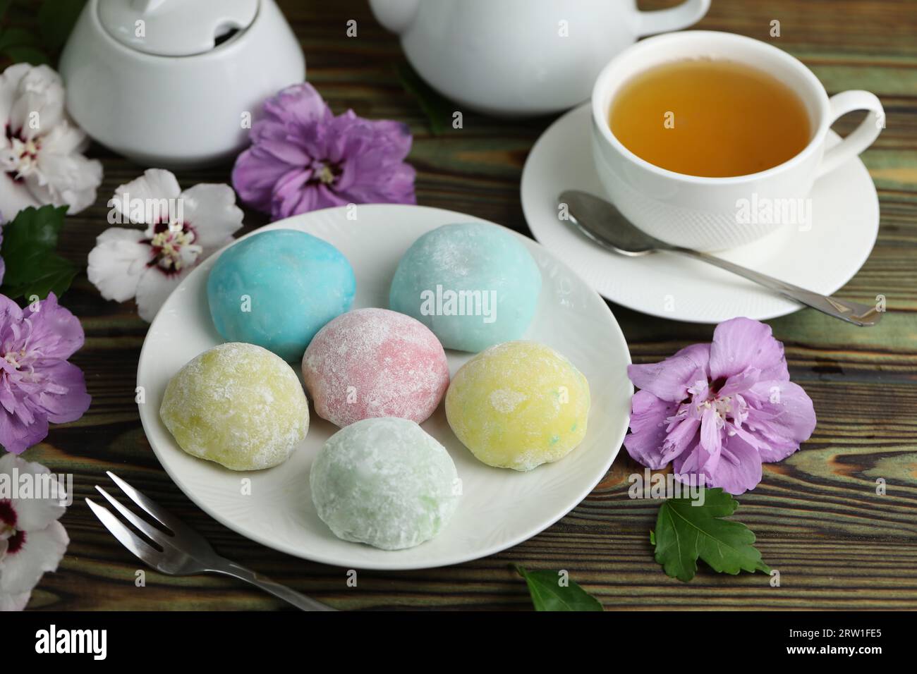 Colorful japanese sweets daifuku or mochi. Sweets close up on the plate ...