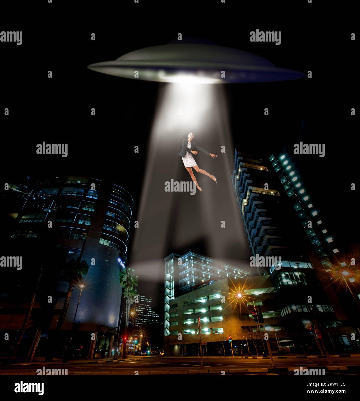 UFO spaceship, person and abduction in street, city and tractor beam ...