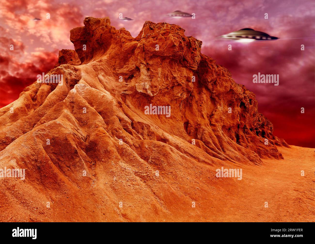 UFO, invasion and spaceship in outer space on mars and planet with ...