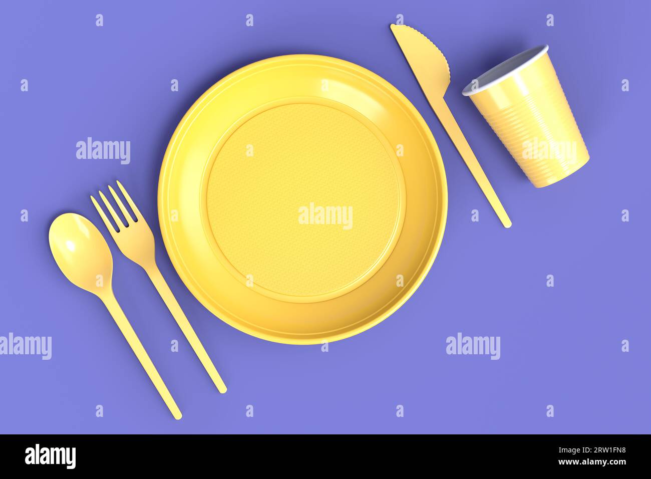 Set of disposable utensils like plate, folk, spoon,knife and cup on ...