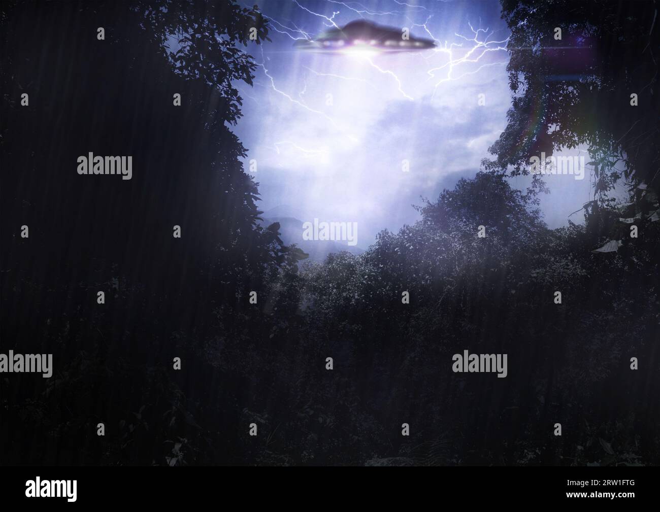 Ufo, spaceship light and alien in forest for mission, science fiction ...