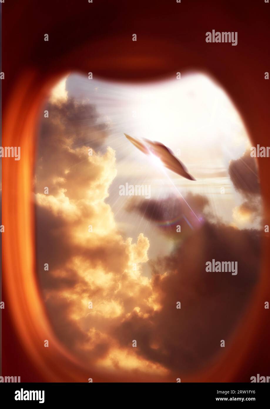 Travel, alien and a ufo from the window of a plane flying in the sky ...