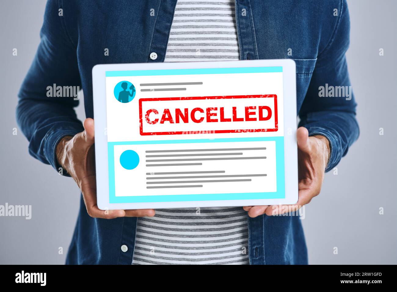 Cancel culture, opinion and tablet screen with hands of person for ...