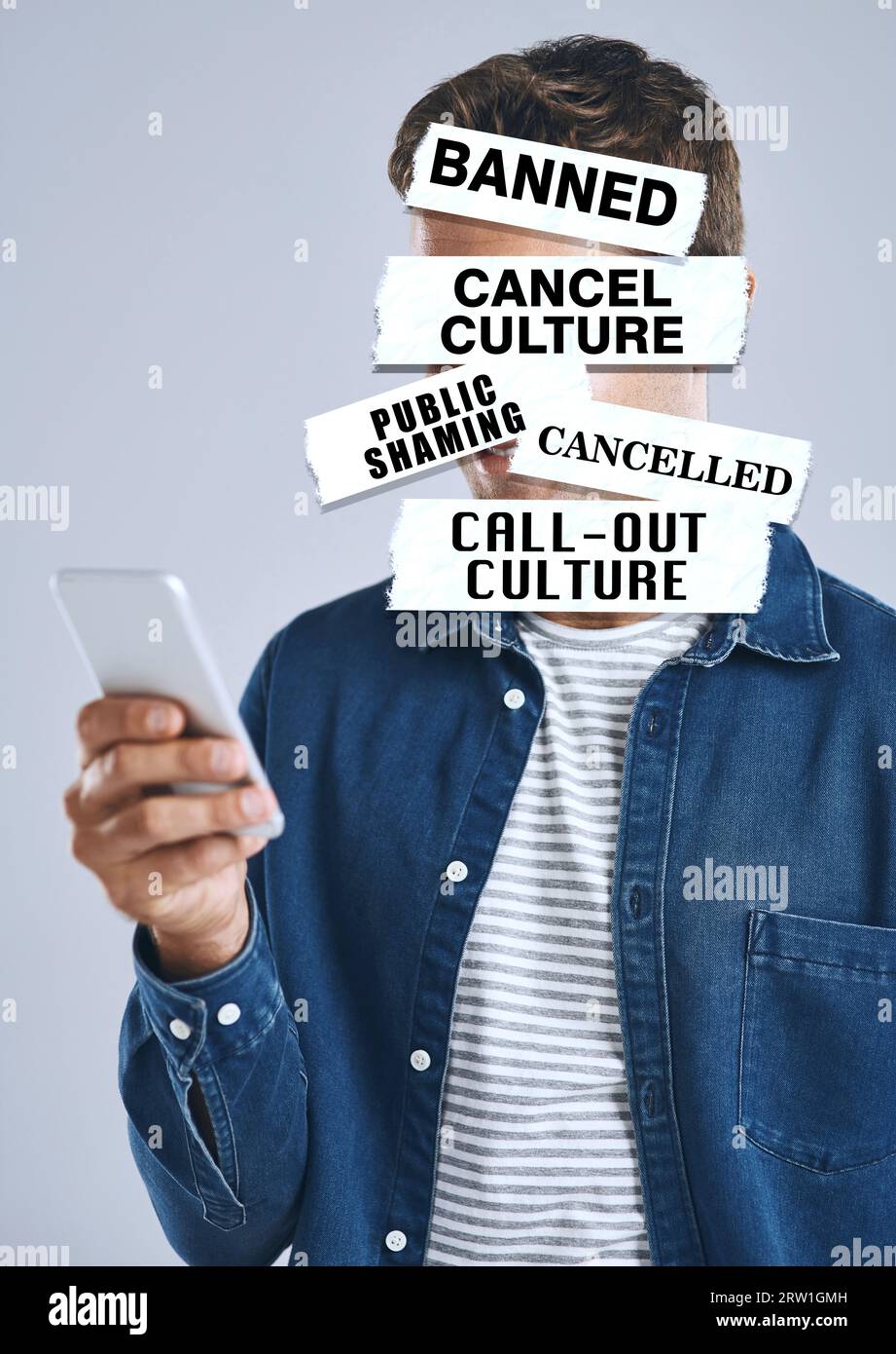 Cancel culture, overlay and phone with text on person for social media ...