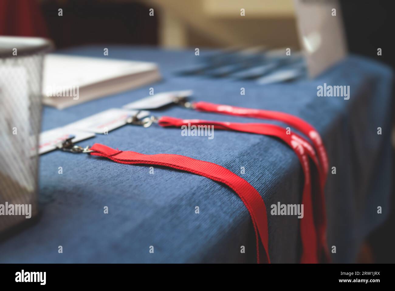 Registration desk table, process of checking in on a conference ...
