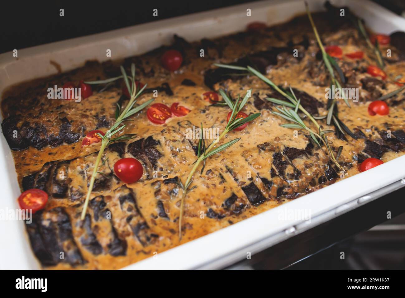 Beautifully decorated catering banquet table with different main course ...